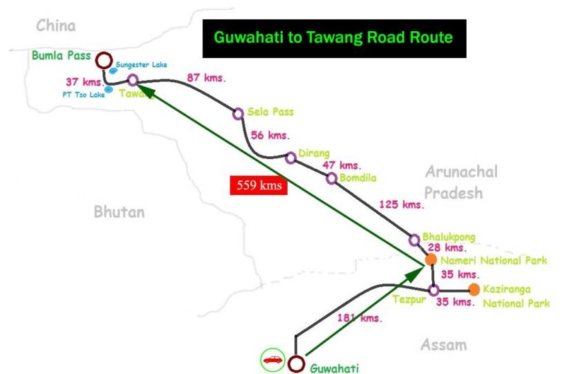 Guwahati to Tawang Distance